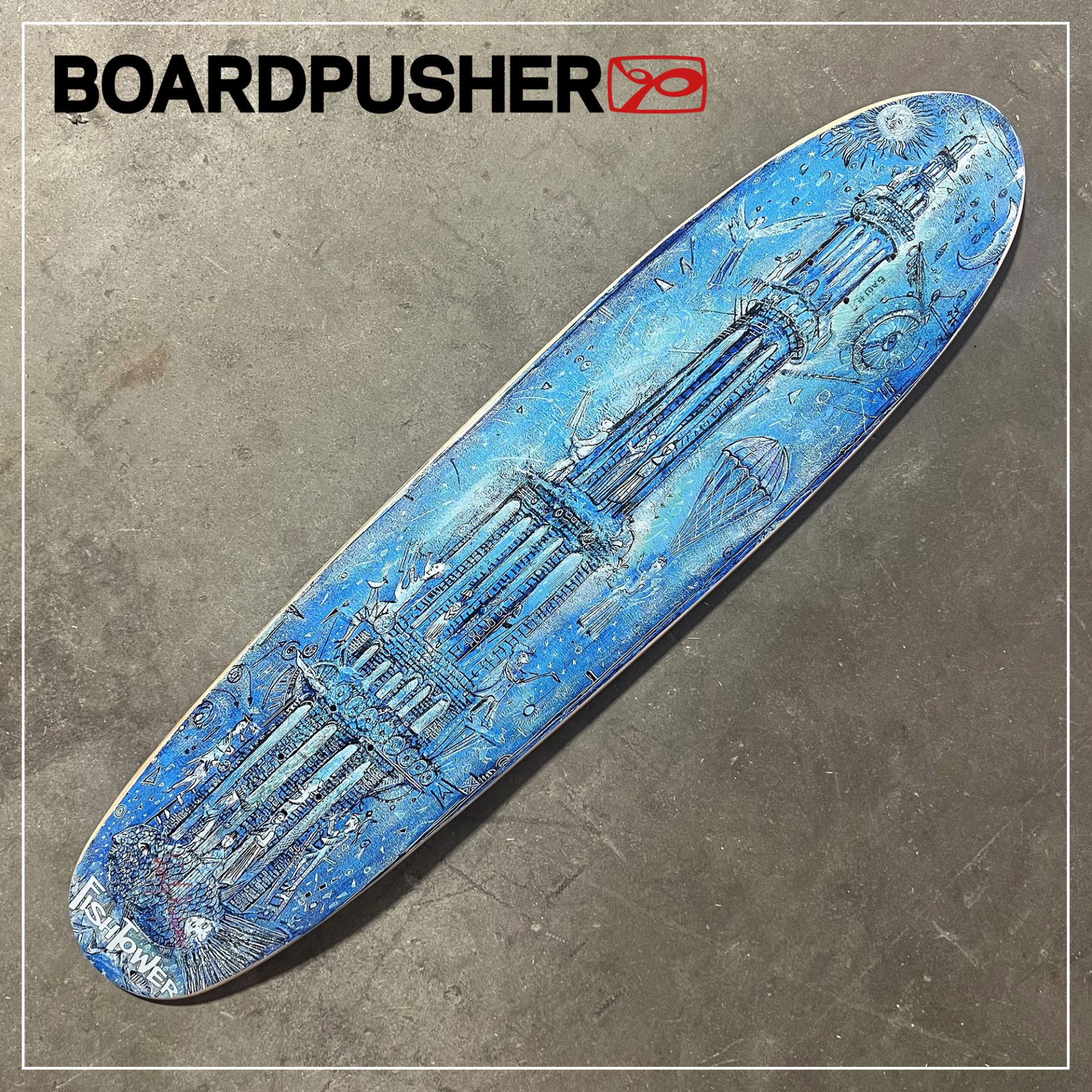 FISHTOWER ON BLUE LONGBOARD by VASILY KAFANOV - Boardpusher Blog